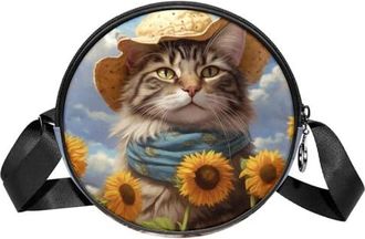 Generic Petit sac &agrave; bandouli&egrave;re rond pour femme, motif tournesols et chats avec fermeture &eacute;clair, bretelles r&eacute;glables, sac &agrave; main rond d&eacute;contract&eacute; pour femmes