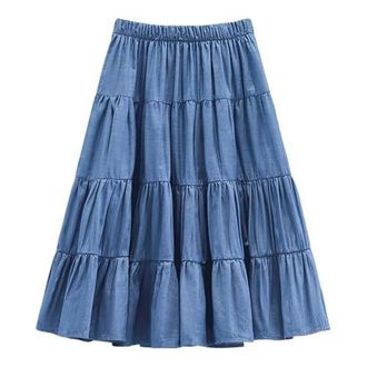 Generic 2025 - Jupe longue en jean pliss&eacute;e pour femme - Taille &eacute;lastique - Cordon de serrage sur le devant - Taille 4, bleu, 7-8 ans
