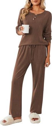 Ekouaer Pajama Set Femme 2 Pi&egrave;ces Col Rond avec Boutons Pantalon &agrave; Cordon et Poches Loungewear, Marron, L