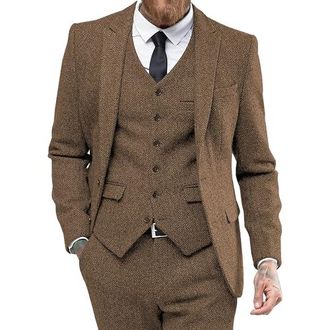 Generic Costume r&eacute;tro en tweed 3 pi&egrave;ces pour homme avec un bouton et revers crant&eacute; - Coupe ajust&eacute;e - Blazer &agrave; chevrons et pantalon, kaki, XXL