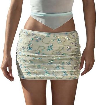 Generico Jupe courte de carnaval brillante et sexy pour femme avec paillettes d&eacute;grad&eacute;es argent&eacute;es Mini jupe avec franges et paillettes Taille &eacute;lastique, beige,