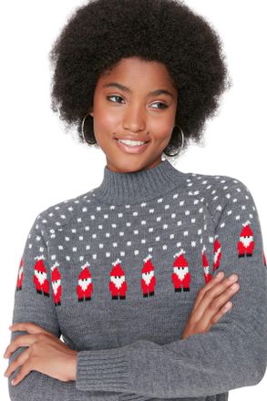 Trendyol Trendyol Damen Pullover mit Rollkragen und Slogan Sweatshirt, grau, 42