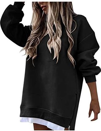 Generic Robes amincissantes pour femmes, robe d&eacute;contract&eacute;e unie, manches longues, col rond, pull &agrave; fermeture &eacute;clair, sweat-shirt ample, mini mode mince, Noir,