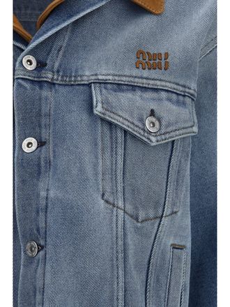 Miu Miu Womens Washed Denim And Suede Jacket Light Blue Cotton