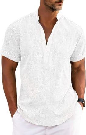 Onsoyours Chemise Lin Homme Manches Courtes Col V Chemise Été Homme Solid Lin Chemise De Plage Classique Casual Henley Shirt A Blanc M