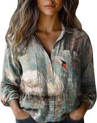 Generico Chemise Femme &Eacute;l&eacute;gant &agrave; Manches Longues Blouse Coton Et Lin D&eacute;contract&eacute; Grande Taille Chemises Col en V L&eacute;ger T Shirt Vintage Imprim&eacute; avec Boutons Mod