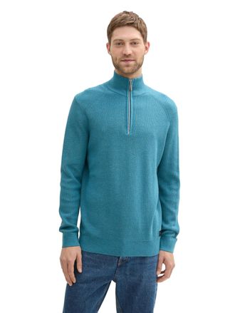 Tom Tailor Herren Troyer Strickpullover aus Baumwolle, 36299 - Bright Teal Melange, XXL