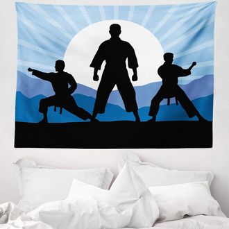 Abakuhaus Kung Fu Wandteppich, Karate Männer Silhouetten Sun aus Weiches Mikrofaser Stoff Waschbar ohne Verblassen Digitaldruck, 150 x 110 cm, Himmelblau Grau