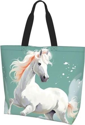 Generic Joli Cheval Blanc Sac Fourre-Tout Imperm&eacute;able Sacs De Courses L&eacute;ger Sac A Main Femmes Pour Travail Voyage Plage