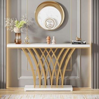Tribesigns Tribesigns - Table Console dor&eacute;e - 150 x 29,5 x 80 cm - Moderne - avec Pied en m&eacute;tal en Forme de Grille - pour entr&eacute;e, Couloir, entr&eacute;e, Salon (marbre