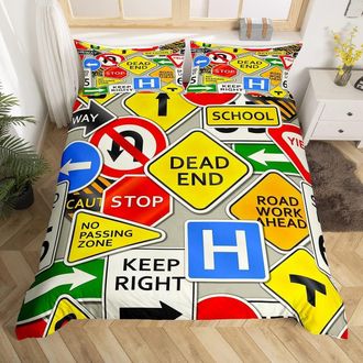 Generic Schild Bettw&auml;sche 135x200 3D Drucken Verkehrsschilder Bettw&auml;sche-Sets Weiche Kuschelig Mikrofaser Bettbezug mit 2 Kissenbez&uuml;ge 80x80 cm mit Rei&szlig;versch