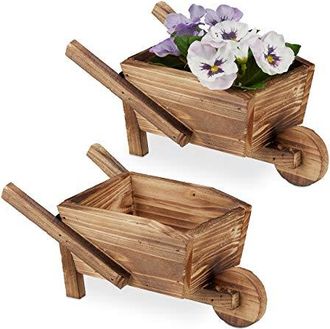 Relaxdays Pflanzschubkarre 2er Set, gebranntes Holz, Gartendeko, Vintage Design, zum Bepflanzen, HBT: 10x22x12 cm, Natur