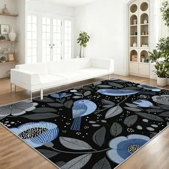 Generic Tapis 120 x 180 cm Oiseaux De Dessin Anim&eacute; Fleurs Doux Moelleux Robuste Facile &agrave; Nettoyer Moderne pour Chambre Couloir, Bleu Gris