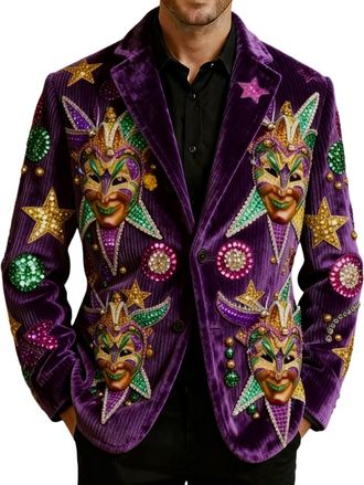 Generic Herren Cord Sakko Karneval Kost&uuml;m Jacke Bunt Patchwork Blazer Freizeit Fasching Outfit Lustig Clown Zirkusdirektor Party Anzugjacke Vintage Streetwear