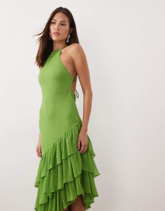Asos Robe caraco longue avec ourlet &agrave; volants - Vert-Multicolore