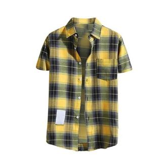 Generic Chemise &agrave; manches courtes pour homme, chemise boutonn&eacute;e &agrave; carreaux color&eacute;s, tendance et polyvalente, haut &agrave; revers &agrave; bouton-pression, haut d&eacute;t&eacute; l&eacute;ger,