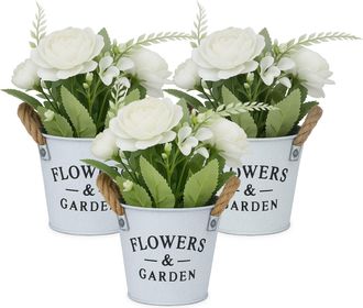 Relaxdays Kunstblumen im Topf, 3er Set künstliche Pflanzen, Dekoblumen, lebensechte Plastikblumen, HxD: 21 x 18 cm, weiß