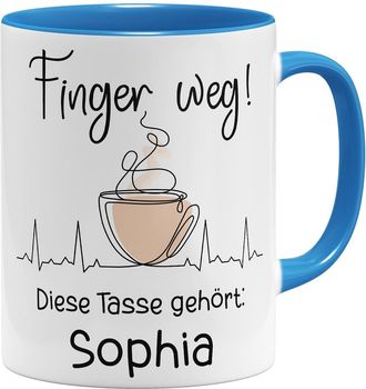 OM3 bedruckte Kaffee-Tasse mit Spruch - Finger weg diese Tasse gehört Wunschname - personalisierbar | Keramik Becher | 325ml | Beidseitig Bedruckt | Hellb