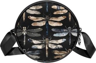 Generic Sac &agrave; bandouli&egrave;re rond pour femme, motif libellules avec fermeture &eacute;clair, bretelles r&eacute;glables, style d&eacute;contract&eacute;, pour femmes et filles