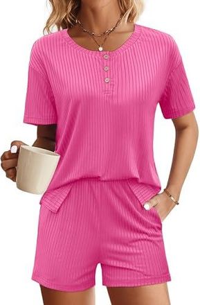 Ekouaer Ensembles de Pyjama Femme Court Chemise de Nuit Été Deux Pièces Femme Col Rond Vêtements de Nuit Ceinture Élastique, Rose, L