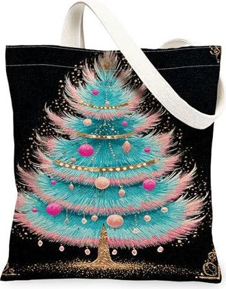 Generic Sacs fourre-tout en toile motif sapin de No&euml;l, sacs d&eacute;picerie d&eacute;coratifs, r&eacute;utilisables, l&eacute;gers et lavables avec bandouli&egrave;re pour le shopping, lext&eacute;ri