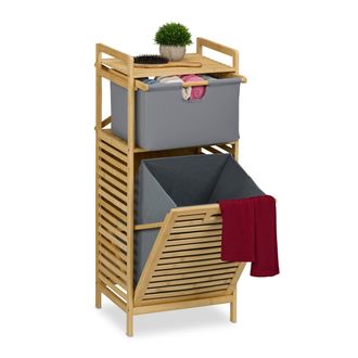Relaxdays W&auml;schekorb, kippbarer W&auml;schesammler, 30 Liter, Ablage & Schublade, Bambus, Stoff, HBT: 95x40x33 cm, Natur/grau