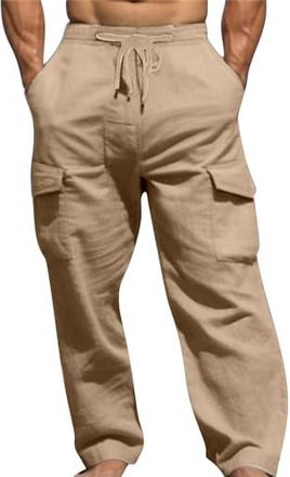 Generic Pantalon d&eacute;t&eacute; en lin blanc l&eacute;ger pour homme - Pantalon d&eacute;t&eacute; en lin &agrave; jambe large pour homme - Pantalon de jogging en coton pour jogging britannique - 