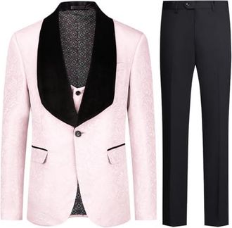 AlltheMen Costumes pour Hommes 3 Pièces Costume de Smoking De Mariage De Bal Hommes Un Bouton Châle Revers Blazer Veste+Gilet+Pantalon Rose XXL