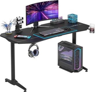 Soges Gaming bureau,Bureau de jeu Bureau dordinateur 160 cm conçu de manière ergonomique avec tapis de souris, porte-gobelet, crochet pour casque, 160 cm