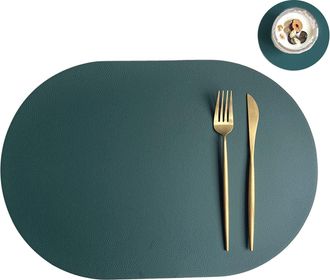 Railonch Oval Tischsets Abwischbar, Leder Kunstleder Platzset Zweifarbig Wasserdicht Platzdecken mit Untersetzer &uuml;r Hause K&uuml;che Restaurant (Gr&uuml;n/Beige,4 St&uuml;ck)