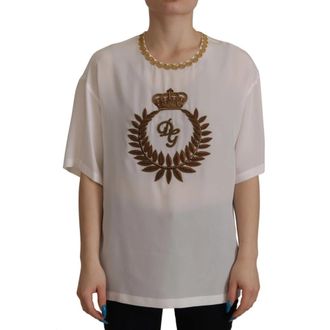 Dolce & Gabbana Elegante Seidenbluse mit Goldkronen-Stickerei - - Tops - Damen - Wei&szlig; - XS