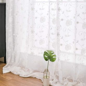 Miulee Vorhänge mit Blumen Stickerei Muster, Gardinen Weiß für Wohnzimmer, Schlafzimmer Vorhang Transparent mit Ösen, 2er Set Voile Durchsichtig Vorhänge, Je