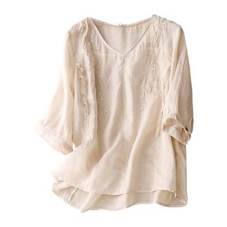 Generic Hauts &agrave; manches courtes en coton, chemisiers en lin pour femmes, chemisier ample d&eacute;contract&eacute; en mousseline, chemises l&eacute;g&egrave;res et fines brod&eacute;es de coule