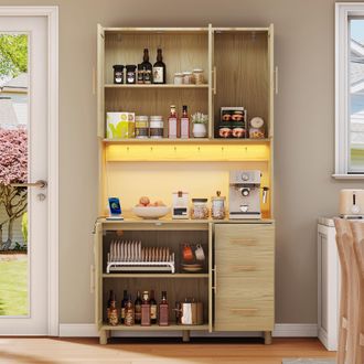 Generic Hochschrank mit App-gesteuerte LED-Lichter 2 x USB 2 x Steckdosen verstellbare Einlegeböden 3 Schubladen Sideboard für Küche Wohnzimmer Esszimmer Lage