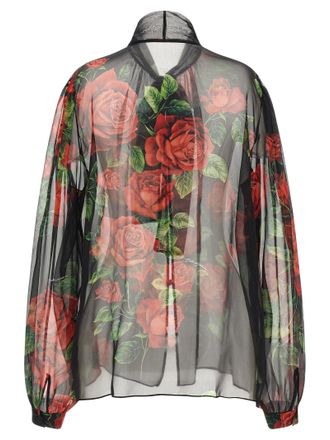 Dolce & Gabbana Silk Chiffon Rose Print Blouse - Black
