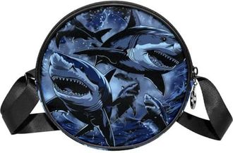 Generic Petit sac &agrave; bandouli&egrave;re rond rond pour femme, motif requins, avec fermeture &eacute;clair, bretelles r&eacute;glables, style d&eacute;contract&eacute;