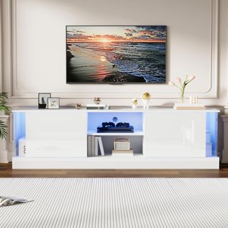 Generic TV Lowboard 176 cm Wei&szlig; Hochglanz LED Beleuchtung TV Schrank f&uuml;r Fernseher bis 70 Zoll mit Schiebet&uuml;ren Schublade Kunststoffglas Sideboard f&uuml;r Wohnzim
