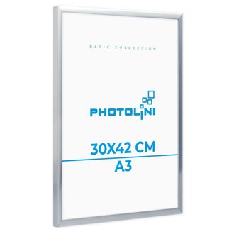Photolini Bilderrahmen A3 30x42 cm Silber, Kunststoff-Rahmen schmal, bruchsicheres Acrylglas, zum Aufhängen, extra Zubehör - Dokumentenrahmen für Urkunden, Zert