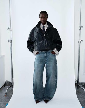 Asos bomber oversize effet cuir &agrave; col chemin&eacute;e noir