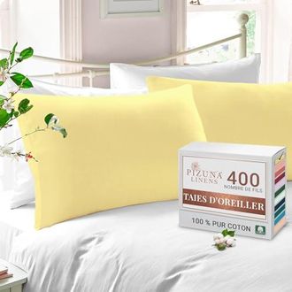 Pizuna Coton Peign&eacute; Set de 2 Taies doreiller 50x75 cm Jaune Doux, 100% Coton Longue Tige 400 Fils Armure Satin Taies doreiller en Coton 50x75 avec Rabat de 2