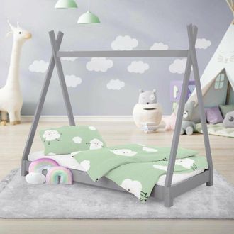 ML Design Ml-design - Lit dEnfants Tipi 70x140 cm avec Sommier &agrave; Lattes, Bois Massif Gris Clair, Tente Indien de Jeu, Cadre pour Fille et Gar&ccedil;on, Stable