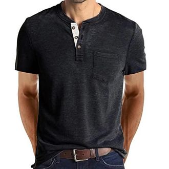 Generico T-shirt pour homme &agrave; manches courtes en coton, style d&eacute;contract&eacute;, respirant, avec boutons et poche pour un usage quotidien, gris fonc&eacute;, XXXL