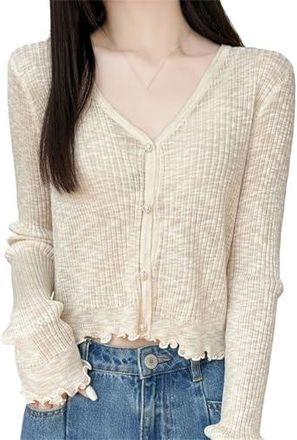 Generic Pull en soie pour femme avec col en V et dentelle Style court D&eacute;contract&eacute; Doux Slim Tops, Beige, XS