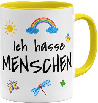 OM3 witzige Kaffee-Tasse mit frechem Spruch - ich hasse Menschen (kindisch) - Schwarzer Humor - Keramik Becher - 325ml - Beidseitig Bedruckt - Gelb