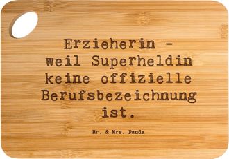Mr. & Mrs. Panda Bambus - Schneidebrett Spruch Erzieherin Superheldin - Geschenk, Vertrauen, Hackbrett, Berufsbezeichnung, Fr&uuml;hst&uuml;cksbrett
