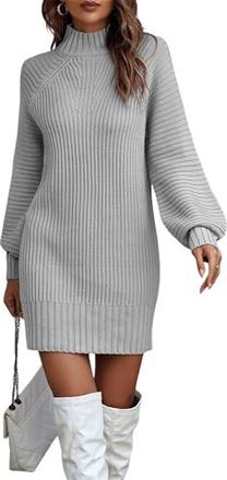Generic Mini robe pull &agrave; col roul&eacute; et manches longues en tricot c&ocirc;tel&eacute; chaud extensible et manches chauve-souris surdimensionn&eacute;e pour lhiver, gris, L