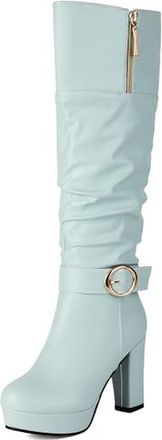 SJJH Bottes hautes avec boucle en m&eacute;tal | Bottes pour femme pour toutes les saisons, talon de 9,5 cm, manchette pliable, doublure douillette, bleu, 41 EU