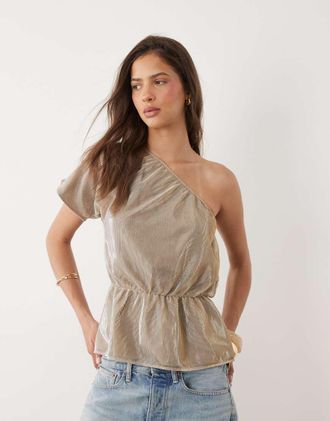 Motel Astria - Oberteil in Gold mit One-Shoulder-Tr&auml;ger und Bindeg&uuml;rtel-Grau