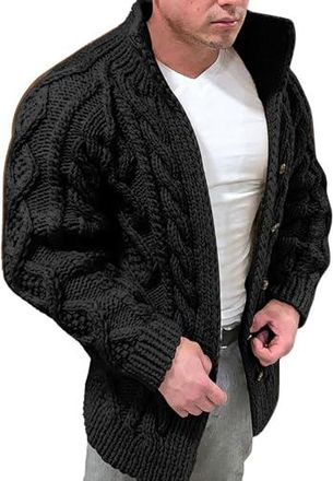Generic Hommes Pull en tricot &eacute;pais chaud en maille de c&acirc;ble Veste en tricot Cardigan Col montant &eacute;pais &agrave; boutons Bas en tricot thermique de couleur unie pour