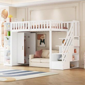 Generic Evolution&auml;res wei&szlig;es Zwischengeschoss-Bett 90x200 cm. Integriert einen gro&szlig;en Schrank, einen Stauraum und eine praktische Leiter mit Nischen. (Ohne Ma